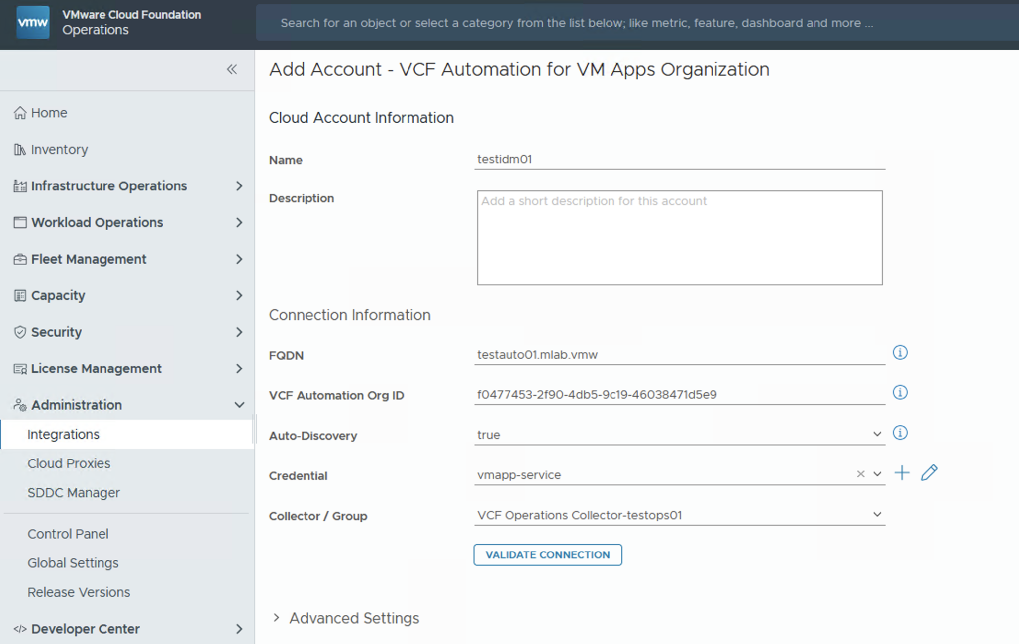 Configuration of the VM-Apps-Org Integration in VCF Operations 9 ...