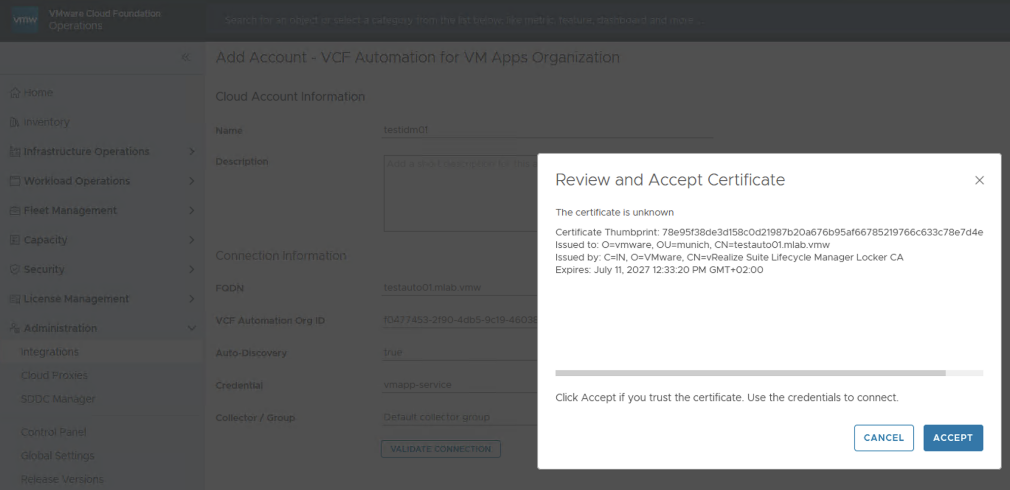 Configuration of the VM-Apps-Org Integration in VCF Operations 9 ...